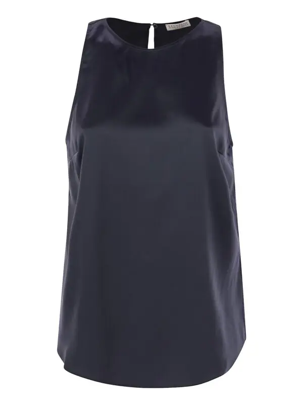 Brunello Cucinelli Stretch Silk Satin Top With Jewel Embellishment - Blue