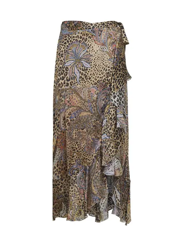 Etro Brown Animalier Paisley Silk Wrap Midi Skirt - Multicolor