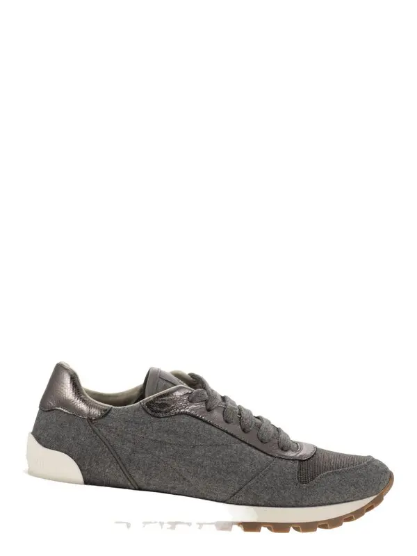 Brunello Cucinelli Virgin Wool Flannel And Lamé Calfskin Runners With Monile Embellishment - Gray