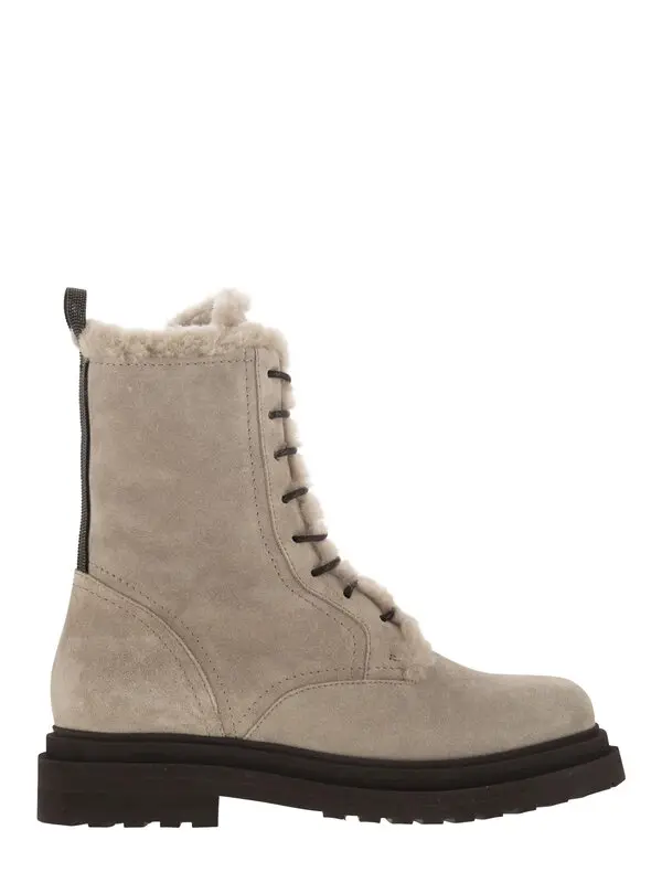 Brunello Cucinelli Suede Lace Up Shearling Lined Boots With Monile Embellishment - White