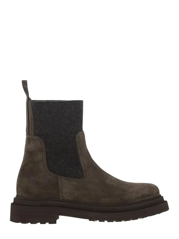 Brunello Cucinelli Suede And Knit Chelsea Boots With Embellished Loop - Brown