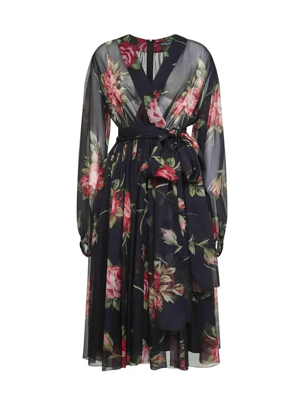 Dolce & Gabbana Black Rose Bouquet Printed Chiffon Dress - Multicolor