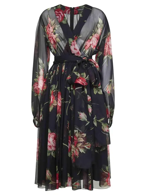 Dolce & Gabbana Black Rose Bouquet Printed Chiffon Dress - Multicolor