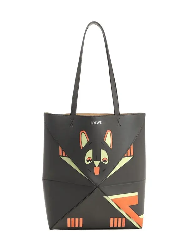 Loewe Medium Puzzle Fold Tote Bag In Calfskin Leather With Futurist Cat Motif - Brown