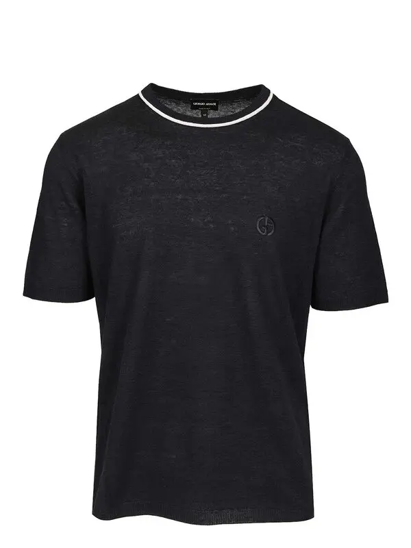 Giorgio Armani Linen And Silk Crew Neck Sweater With Embroidered Logo - Blue