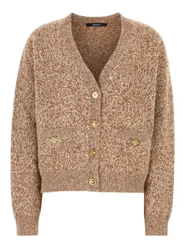 Versace Two-tone Wool Blend Cardigan With Gold-tone Hardware - Multicolor