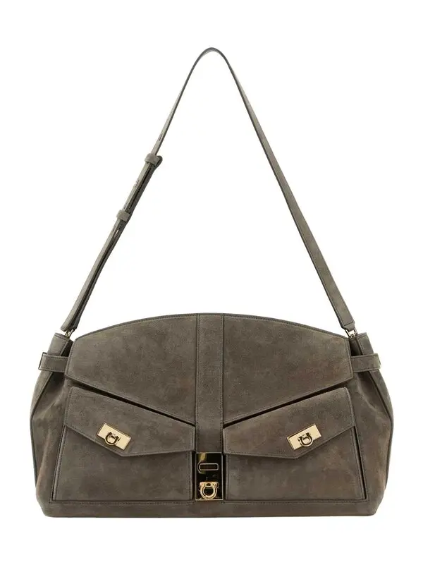 FERRAGAMO Grey Suede Shoulder Bag - Gray