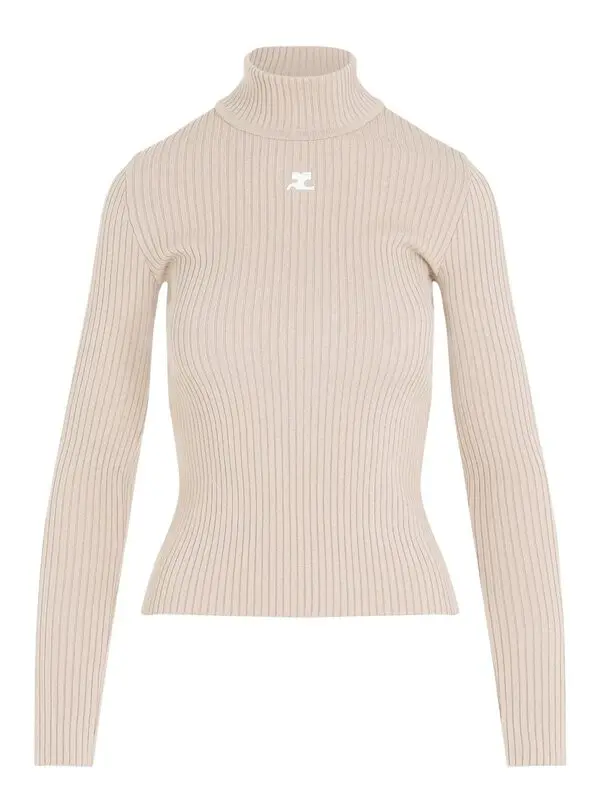 COURREGES Ribbed Knit Roll Neck Jumper With Embroidered Logo - Multicolor