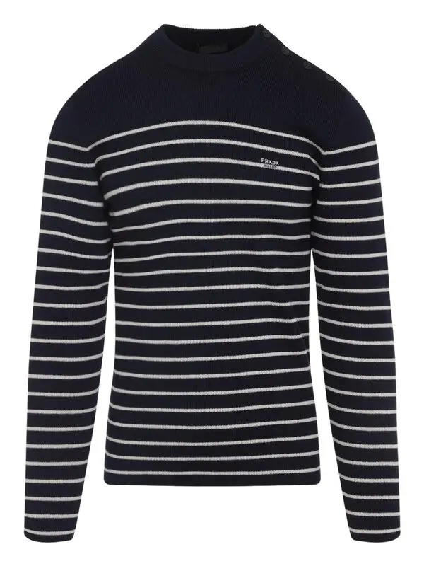 Prada Striped Virgin Wool Crew Neck Sweater With Embroidered Logo - Blue