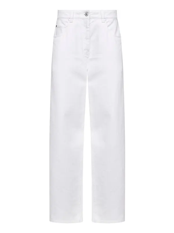 Brunello Cucinelli Ivory Cotton Relaxed Fit Wide Leg Jeans With Monili Embroidery - Multicolor