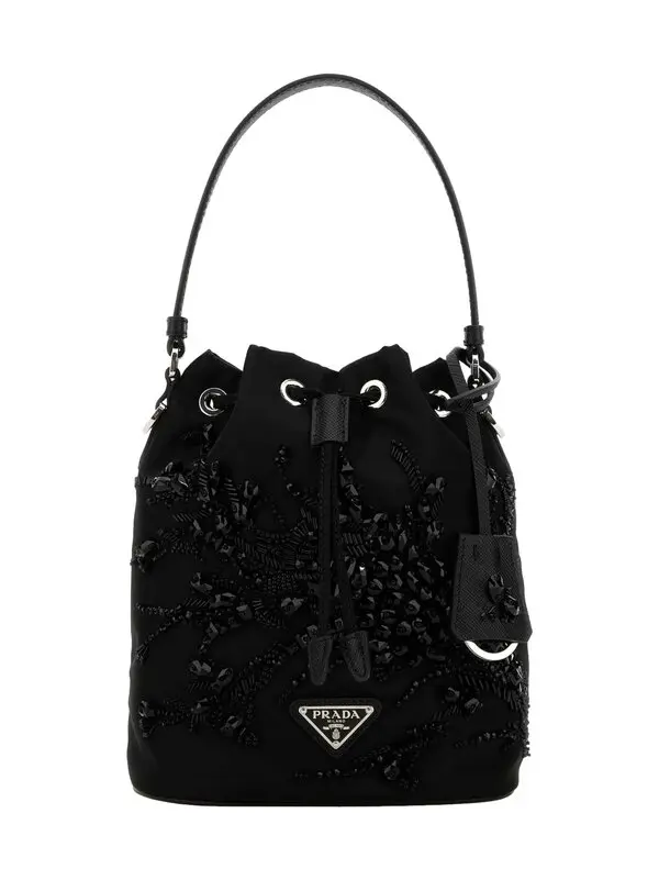 Prada Nylon Embellished Bucket Bag - Black
