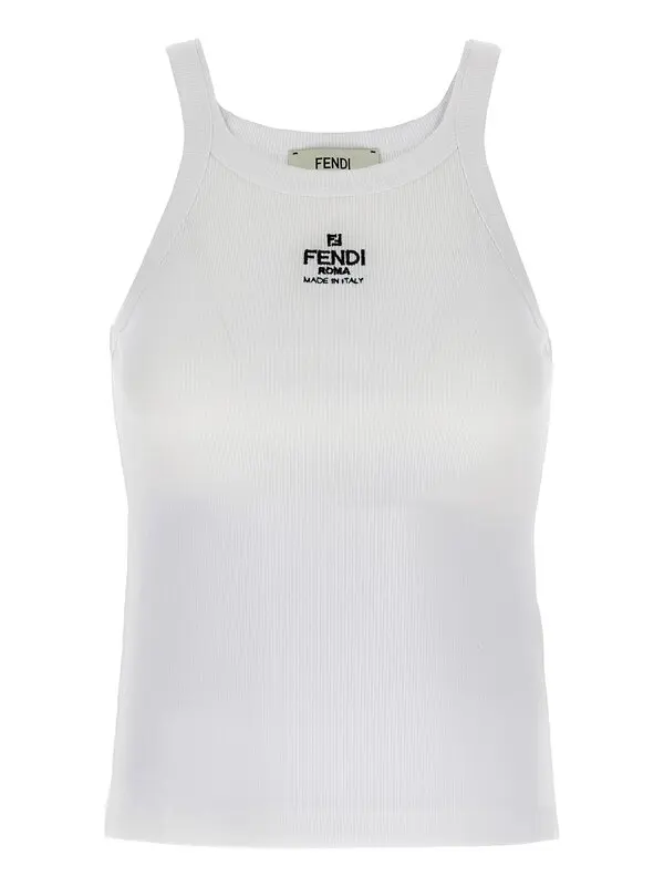 Fendi Ribbed Cotton Tank Top With Embroidered Logo - White