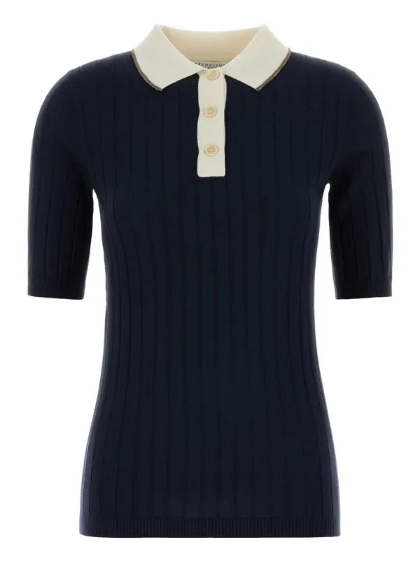 Brunello Cucinelli Navy Ribbed Wool Blend Polo Shirt - Blue