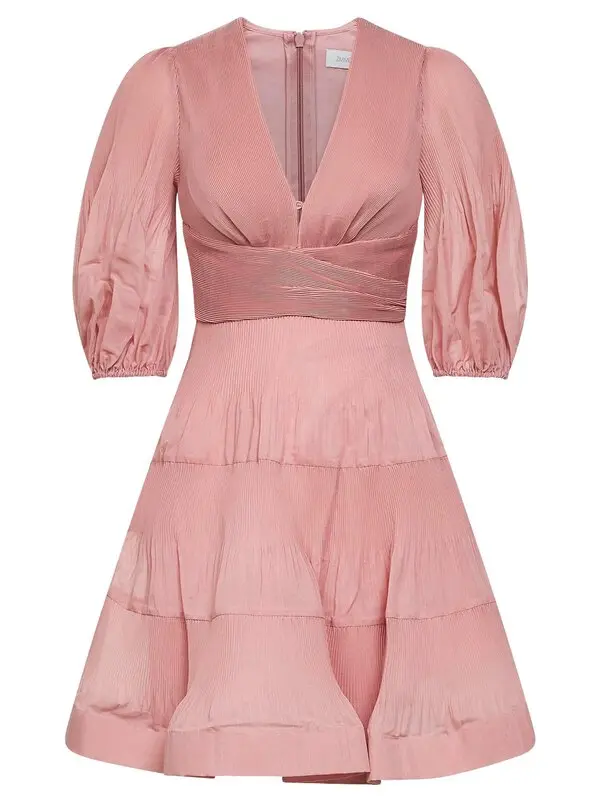 Zimmermann Dusty Pink Pleated Puff Sleeve Mini Dress - Multicolor