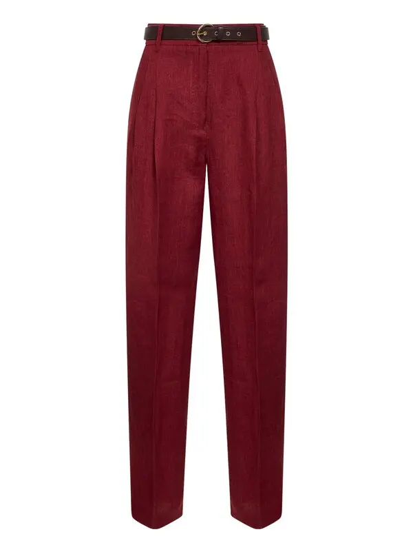Max Mara Brick Red Faded Linen Twill Belted Wide-leg Trousers - Multicolor
