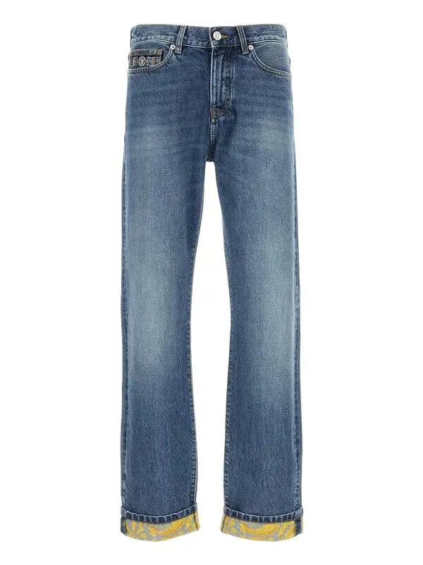 Versace Denim Jeans With Barocco Trim - Multicolor
