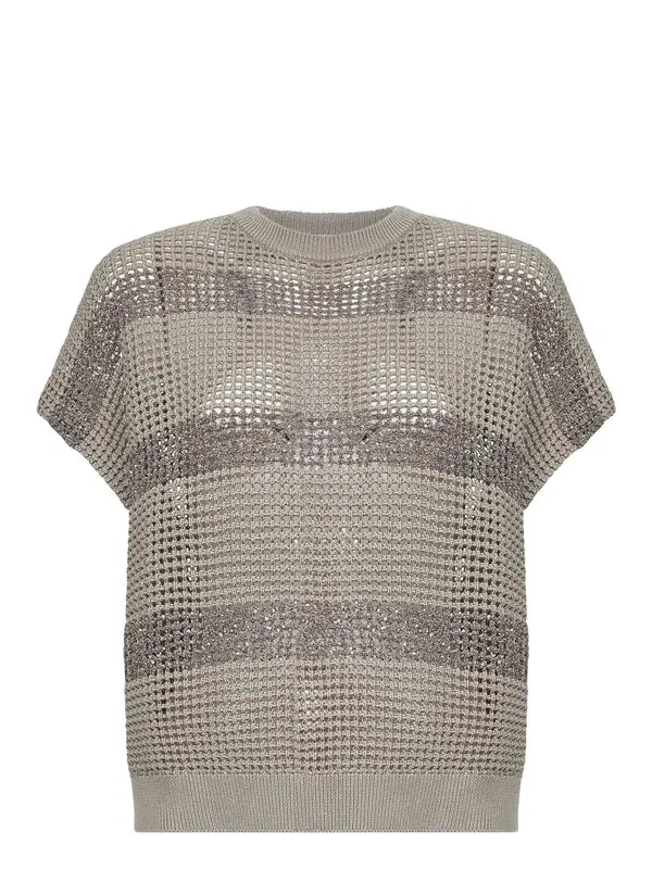 Brunello Cucinelli Cotton Net Knit Sweater With Sequins And Metallic Stripes - Multicolor