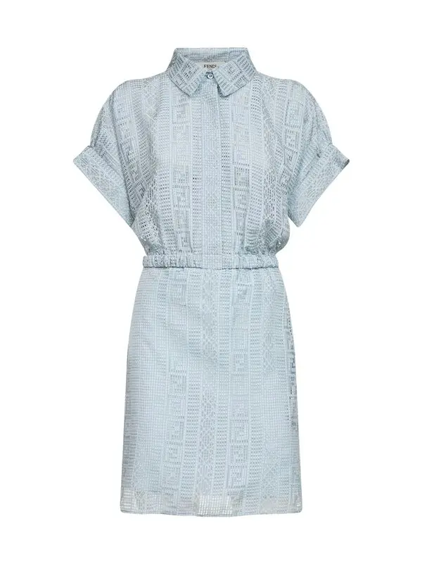 Fendi Light Blue Burnout Silk Blend Mini Shirt Dress - Multicolor