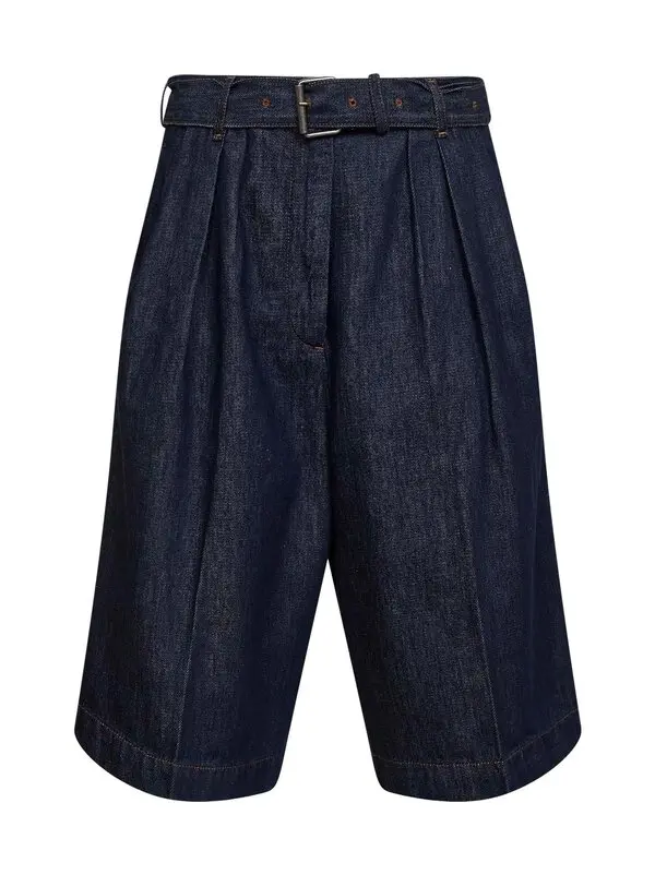 Dries Van Noten Indigo Denim Belted Pleated Bermuda Shorts - Multicolor