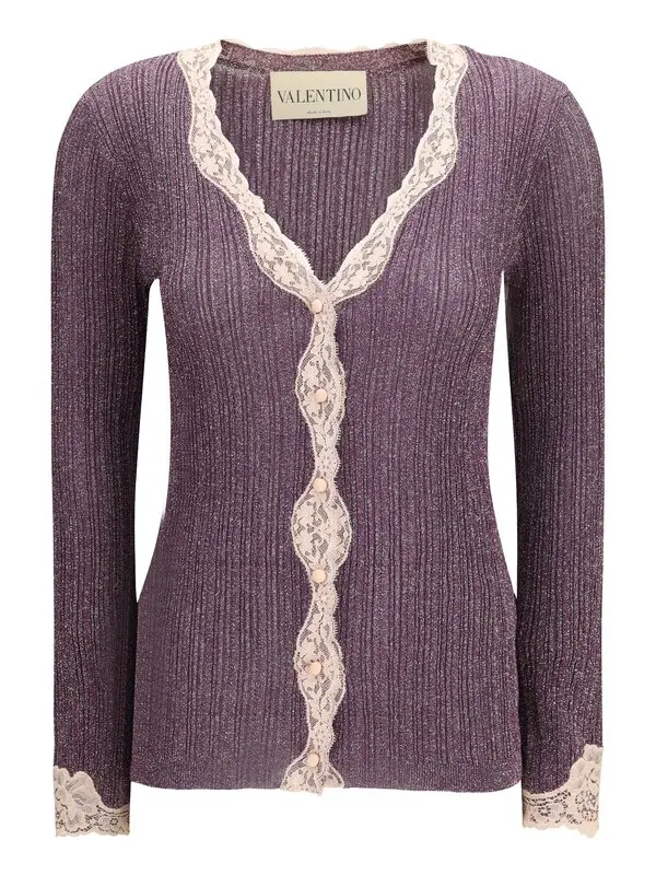 Valentino Garavani Lurex Knit Cardigan With Lace Detail - Purple