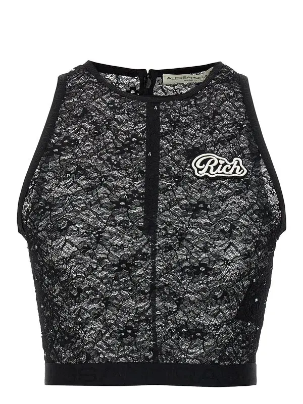 Alessandra Rich Rhinestone Lace Cropped Top - Black
