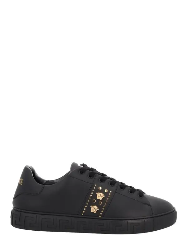 Versace Greek Key Embellished Calfskin Sneakers - Black