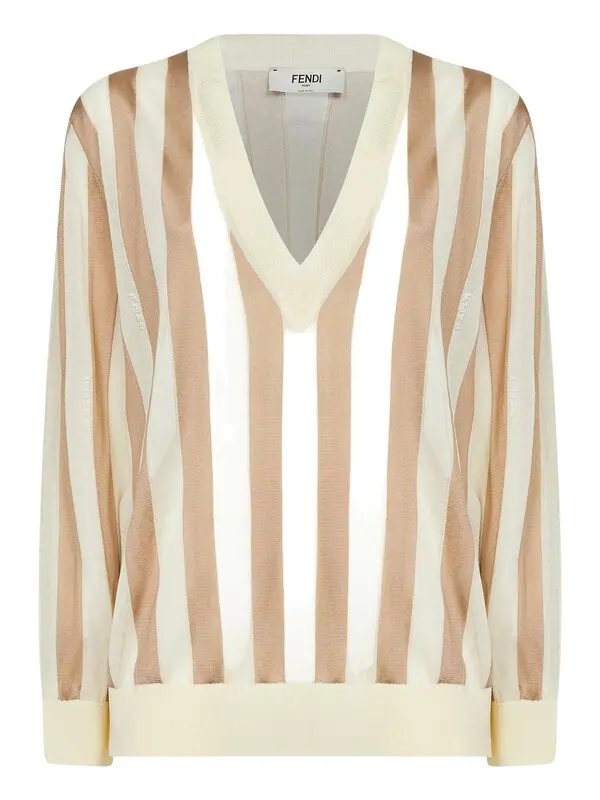 Fendi Beige Pequin Striped V-neck Sweater - Multicolor