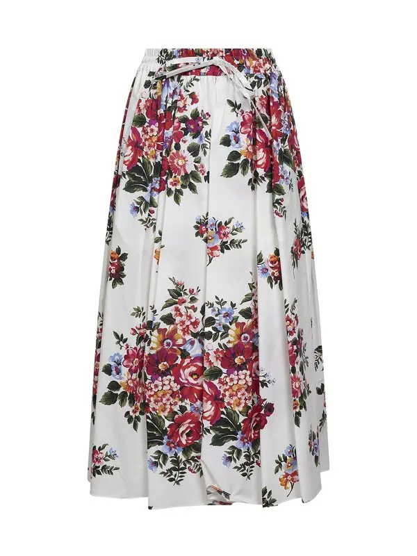 Dolce & Gabbana White Flower Bouquet-print Poplin Midi Skirt - Multicolor