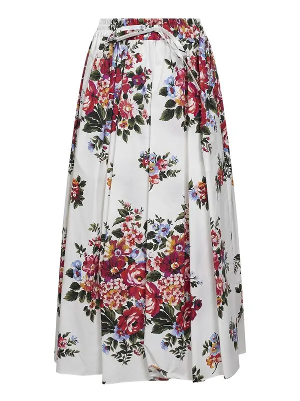 Dolce & Gabbana White Flower Bouquet-print Poplin Midi Skirt - Multicolor