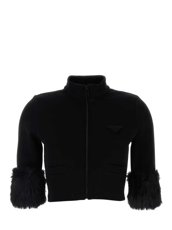 Prada Cotton Blend Jacket With Fur Trim - Black