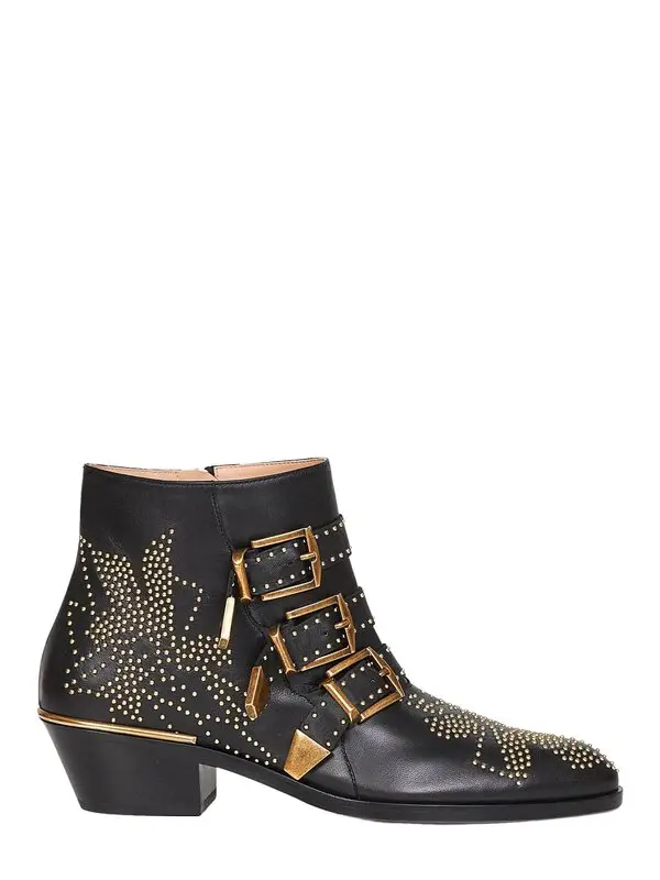 Chloé Black Nappa Leather Susanna Ankle Boots With Studded Floral Motif - Multicolor