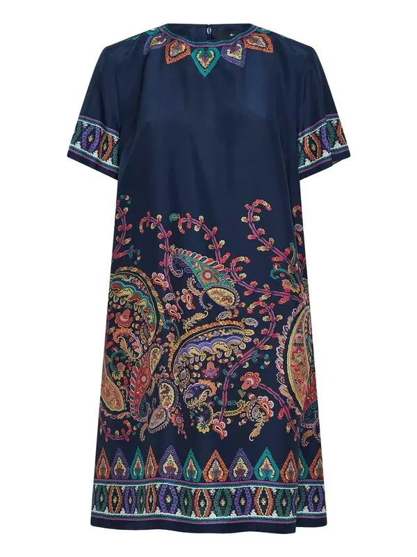 Etro Blue Paisley-print Habotai Silk Tunic Short Dress - Multicolor