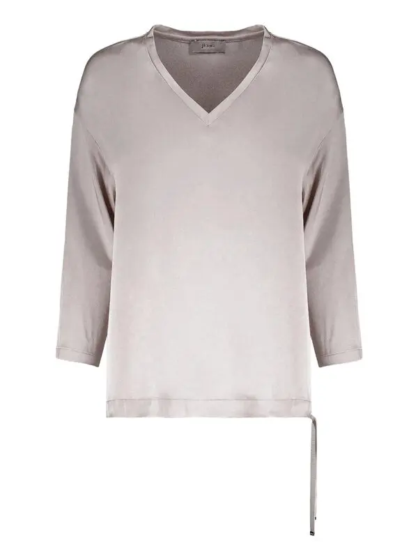 Herno Long Sleeve V-neck Top With Drawstring Hem - Gray