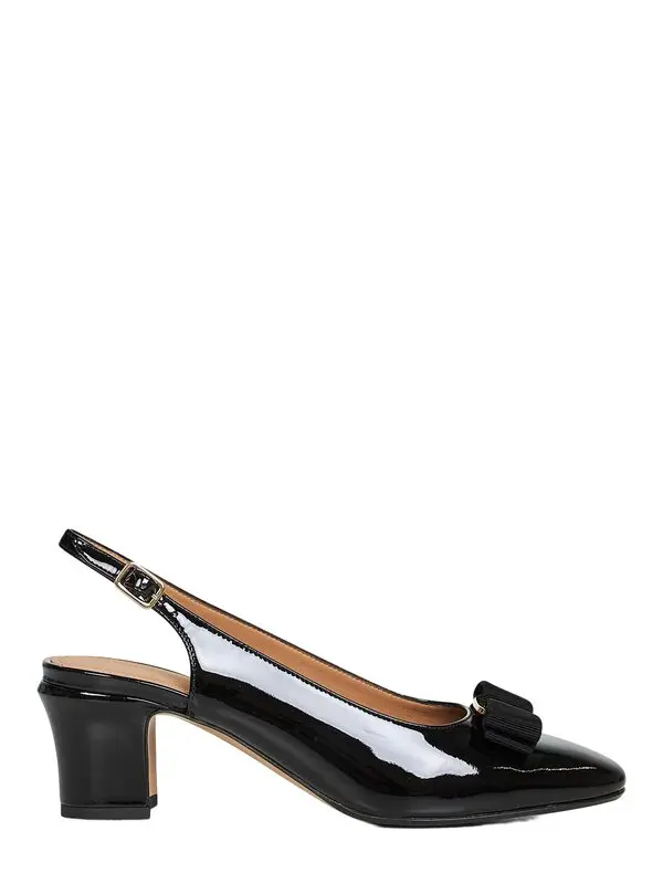 FERRAGAMO Black Calf Leather Vara Bow Slingback Pumps With Block Heel - Multicolor