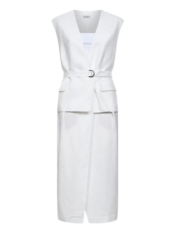 Brunello Cucinelli Ivory Viscose And Linen Fluid Twill Midi Dress - Multicolor