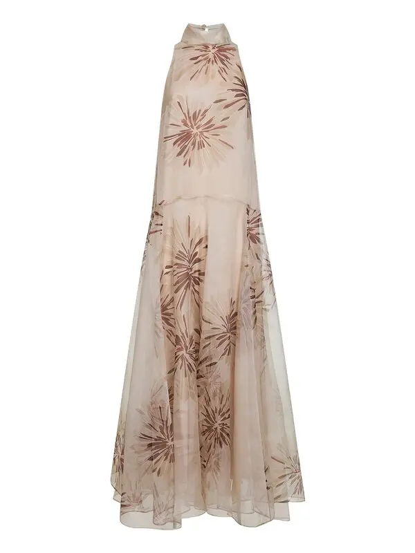 Brunello Cucinelli Silk Blend Organza Bloom Print Dress With Monili Embroidery - Multicolor