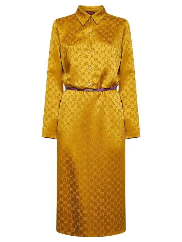 Gucci Gold Gg Jacquard Viscose Midi Shirt Dress - Multicolor
