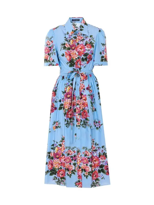 Dolce & Gabbana Poplin Floral Print Belted Dress - Blue