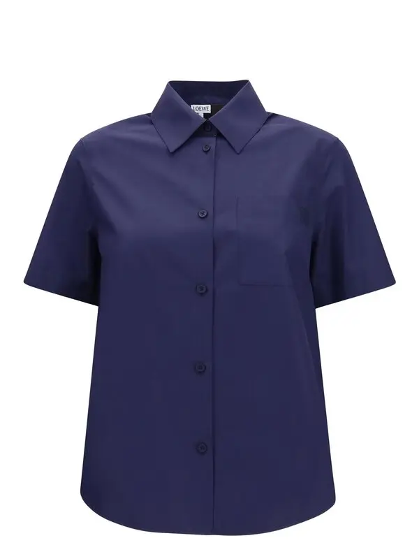 Loewe Short Sleeve Cotton Poplin Shirt With Embroidered Anagram - Blue