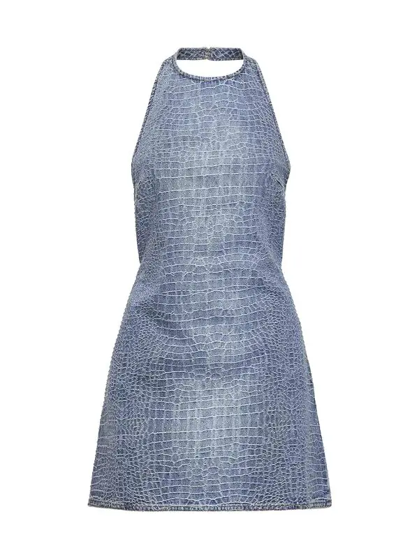 SELF-PORTRAIT Blue Rhinestone Croc-effect Denim Mini Dress - Multicolor