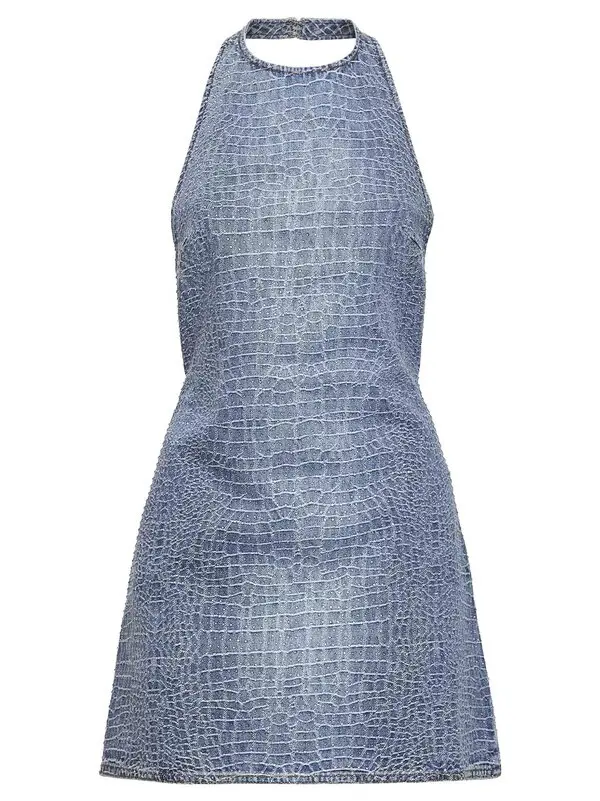 SELF-PORTRAIT Blue Rhinestone Croc-effect Denim Mini Dress - Multicolor