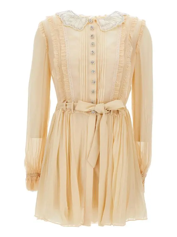 SELF-PORTRAIT Pleated Georgette Mini Dress With Embellished Collar And Jeweled Buttons - Multicolor