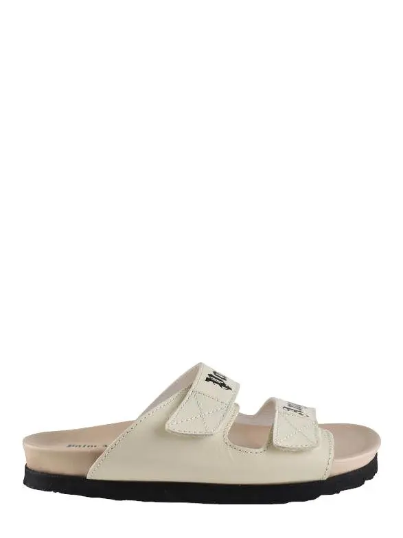 Palm Angels Beige Leather Logo Print Sandals - Cream