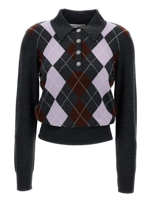 SELF-PORTRAIT Argyle Patterned Polo Neck Sweater - Multicolor