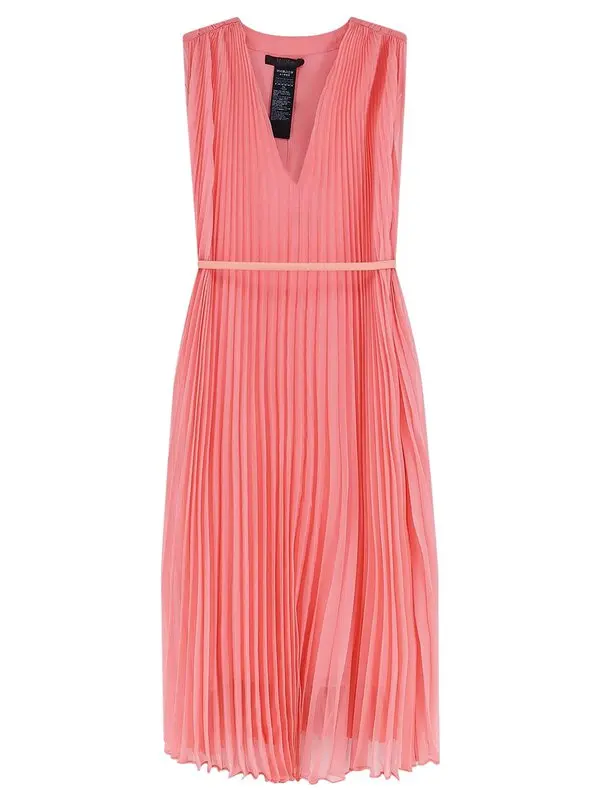 Max Mara Sleeveless V-neck Pleated Midi Dress With Belt - Multicolor