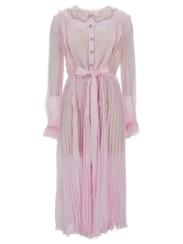 SELF-PORTRAIT Pleated Georgette Midi Dress With Embellished Collar - Multicolor