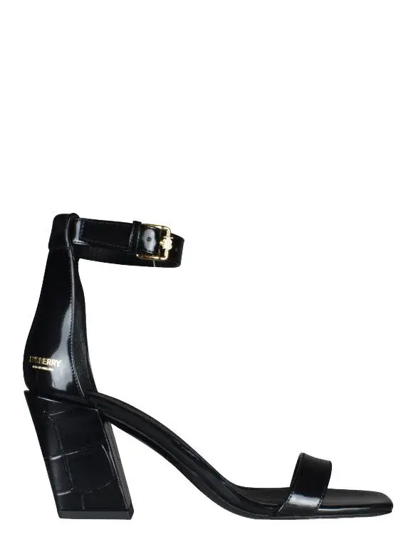Burberry Leather Sandals With Crocodile Effect Heel And Gold Hardware - Black