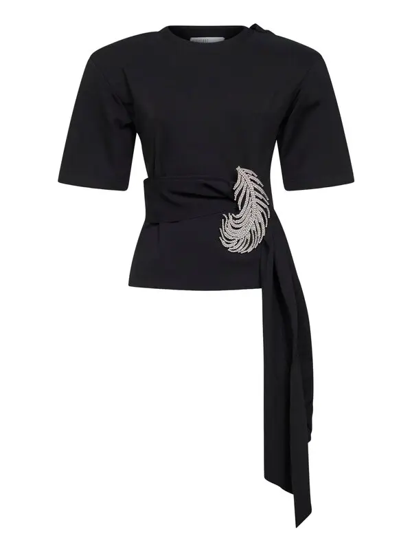 Giuseppe Di Morabito Black Stretch Jersey T-shirt With Crystal Feather Detail - Multicolor