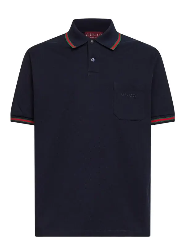 Gucci Dark Blue Stretch Cotton Pique Embroidered Polo Shirt - Multicolor