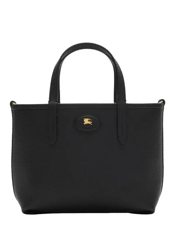 Burberry Calf Leather Check Reverse Tote Bag With Detachable Strap - Black